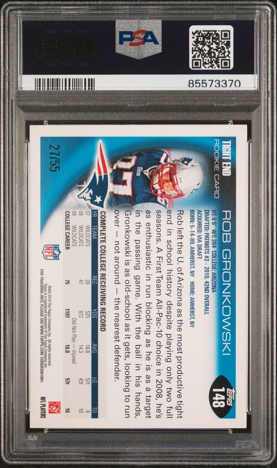 Rob Gronkowski #'d /55 RC - 2010 Topps Black Parallel SSP #148 PSA 6 ...