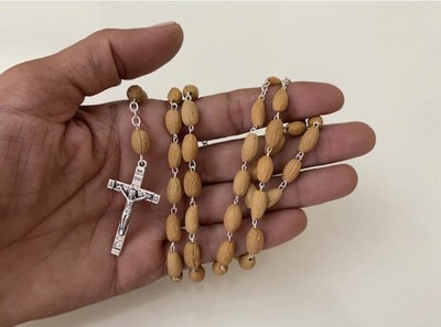 Hand made olive core beads catholic rosary , silver metal cross , with ...