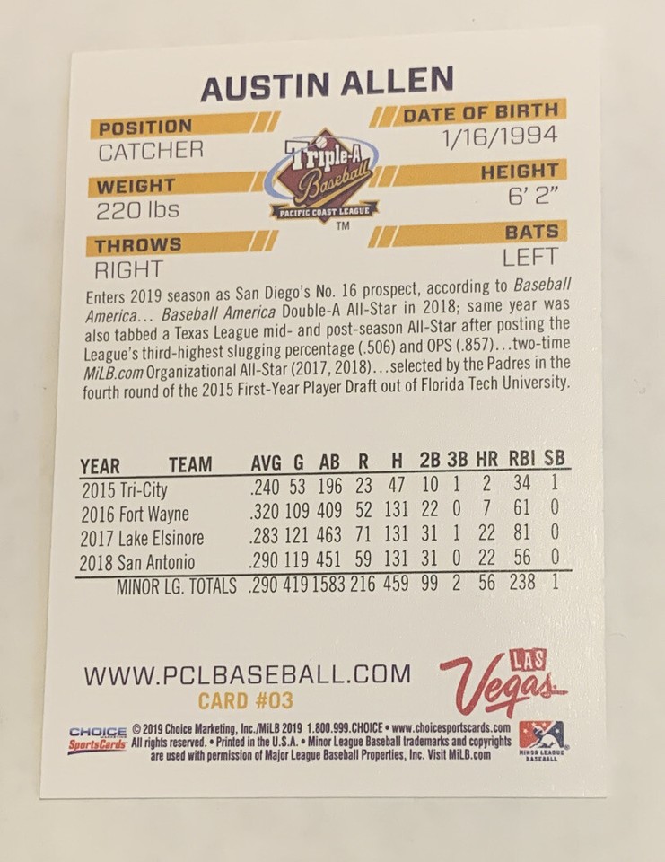 AUSTIN ALLEN Signed 2019 PCL ALL STAR Baseball Card PADRES Oak A’s ...