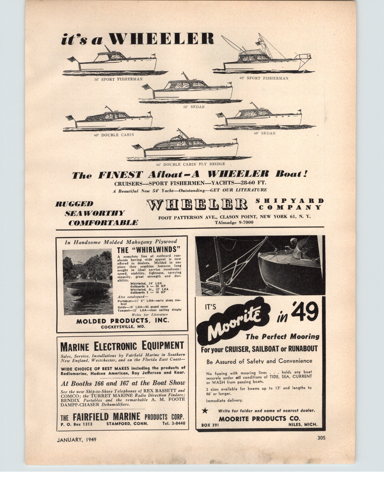 1949 PAPER AD Wheeler Shipyard Co Cruisers Yachts Motor Boat Sport ...
