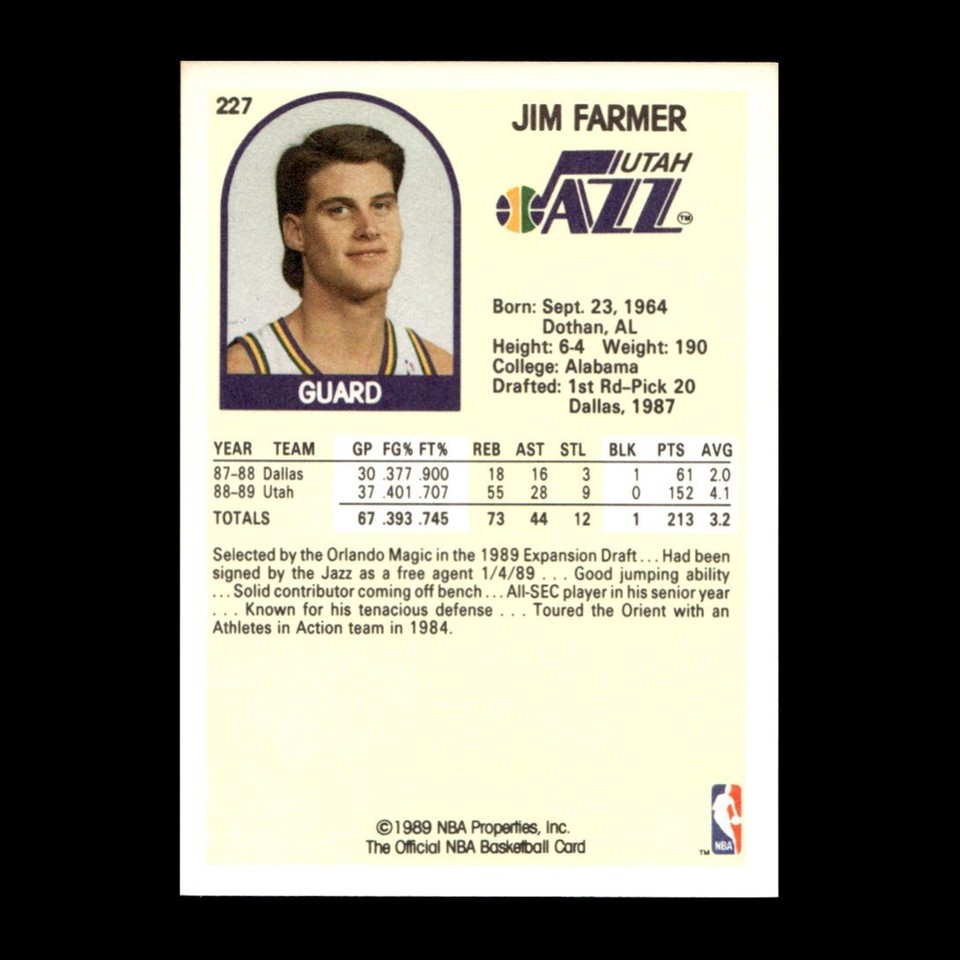 Jim Farmer 1989-90 Hoops Rookie Utah Jazz #227 R328Z 45 | eBay