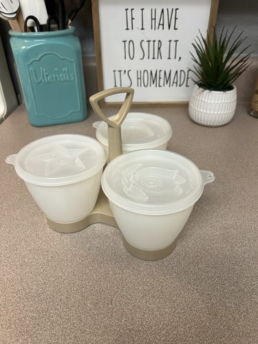 Vintage Tupperware Condiment Holder 3 sealed containers w/ mold-form ...