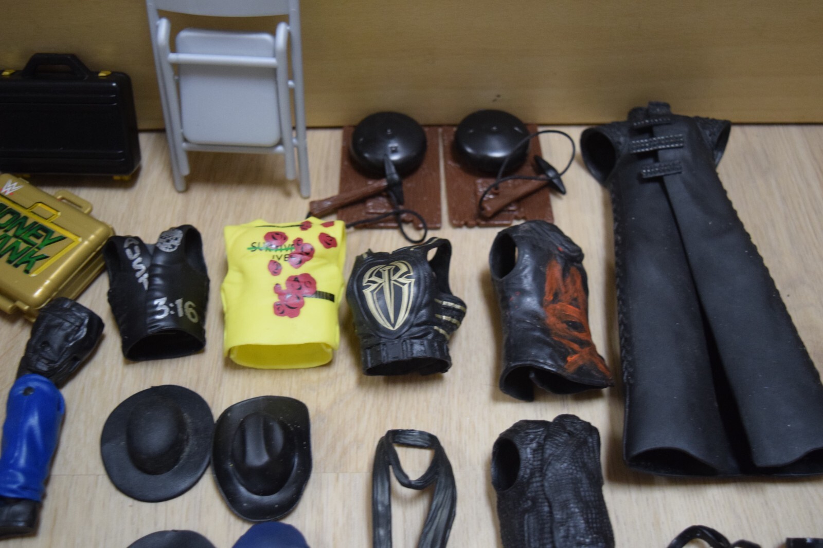 Huge WWE Elite Accessory Lot Vests Heads Hats Chair Brace Microphones ...
