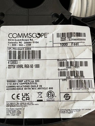 CommScope 2275V, 1000’Shielded Commercial CMP Plenum RG6 Coax Cable ...