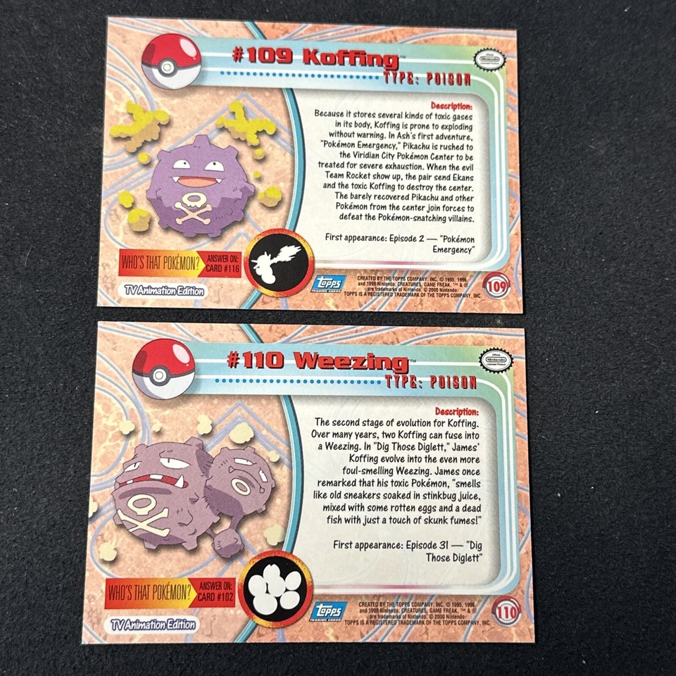 Koffing #109 & Weezing #1110 TV Animation Edition TOPPS Pokemon Blue ...