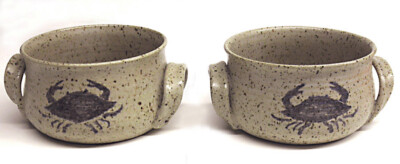 Vintage Studio Pottery Chowder Soup Bowls Stoneware Crab Folk Art ...