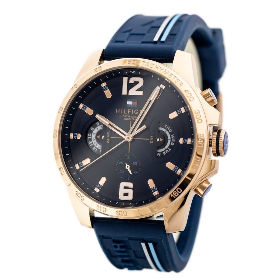Tommy Hilfiger 1791474 Men's Rose Gold Blue Band Blue Dial Watch 46mm ...