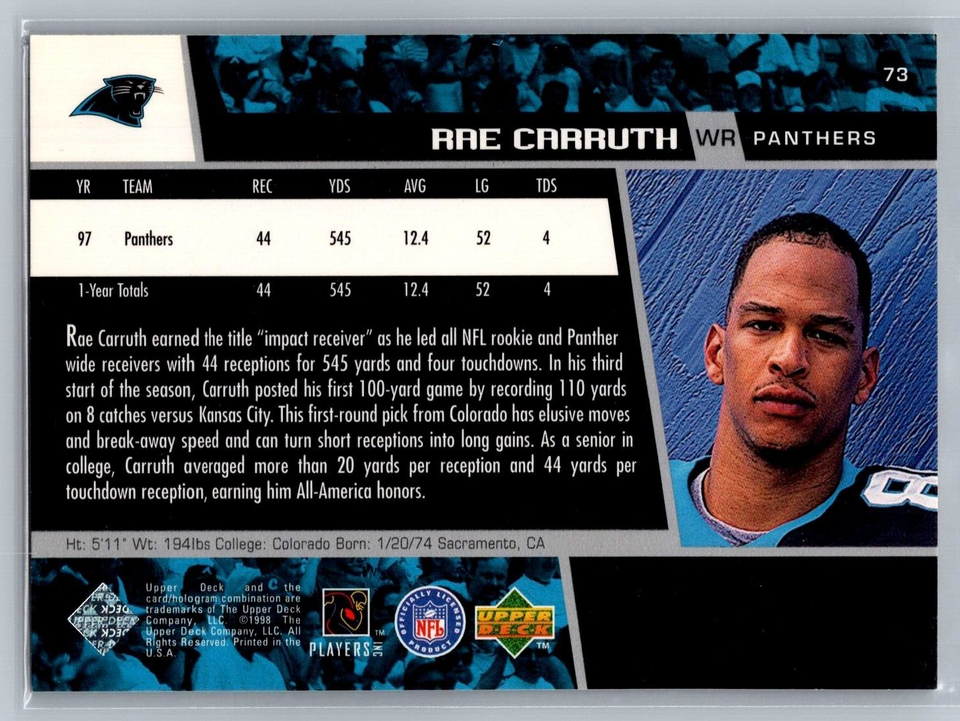 1998 UPPER DECK CARD # 73 Rae Carruth - Carolina Panthers | eBay