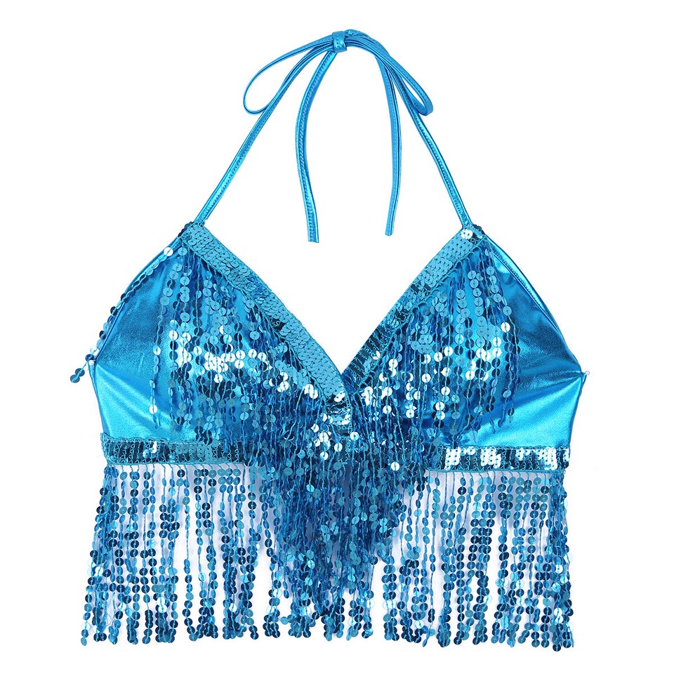 Womens Sequin Halter Salsa Belly Dance Bra Tops Party Club Wear Costume ...