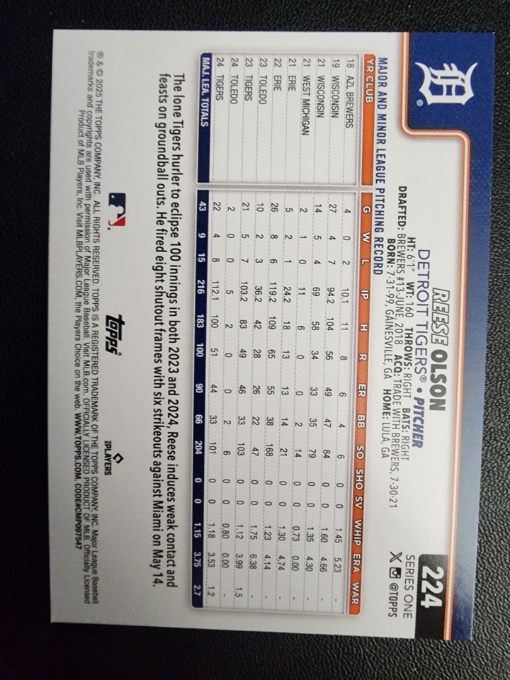 REESE OLSON 2025 Topps Series 1 Diamante Foil #224 DETROIT TIGERS ...