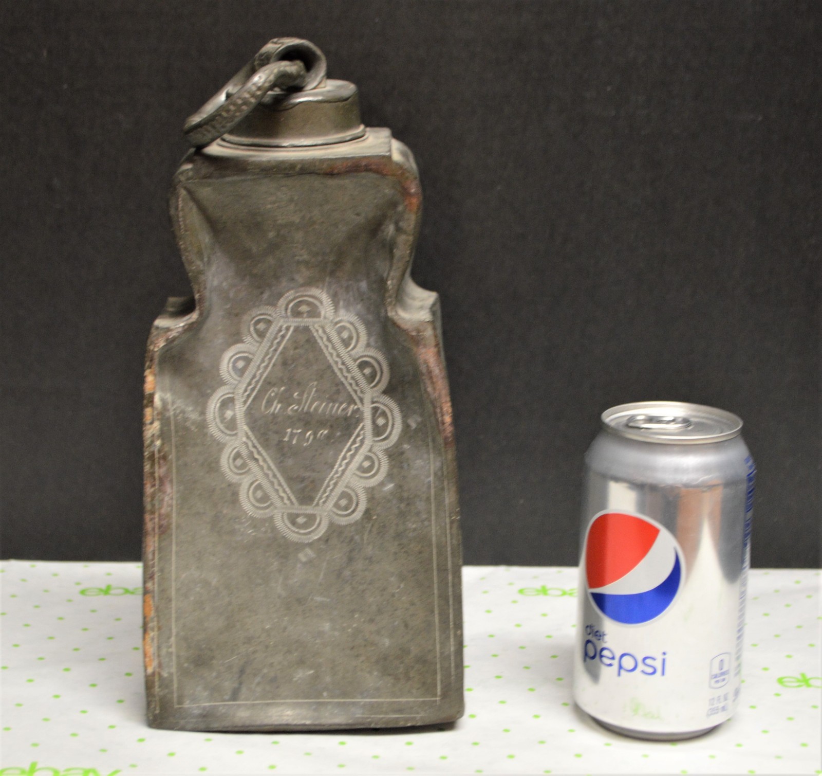 Rare 1790's Pewter Whiskey Flask Canteen Ornate Engraving & Name ...