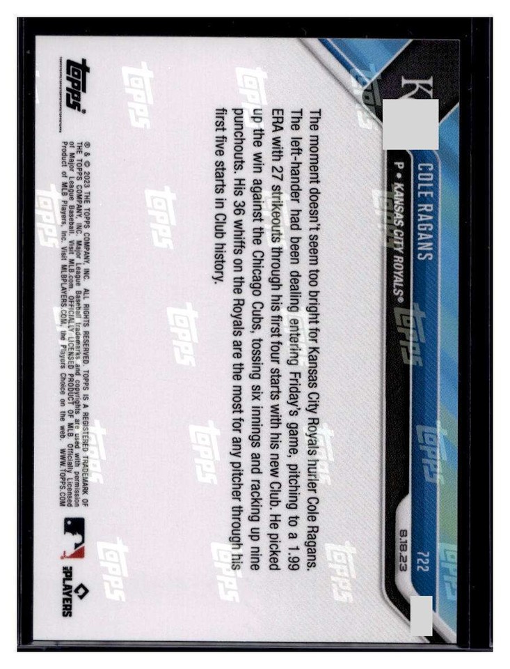 2023 Topps Now #722 Cole Ragans Blue Parallel Card #d 9/49 RC Rookie | eBay