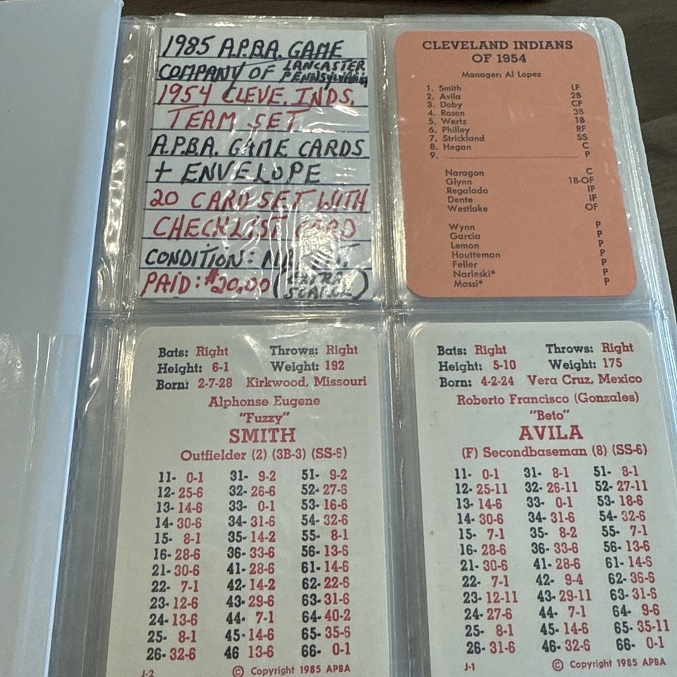 (2)APBA Baseball Cards Cleveland Indians Sets | eBay