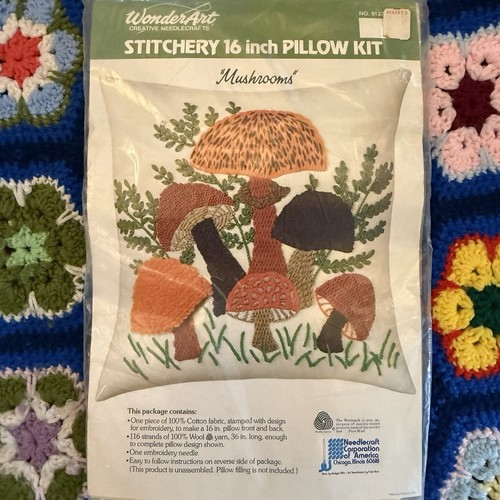 Vintage WonderArt Mushrooms Crewel Embroidery 16" Pillow Kit # 9132 for ...
