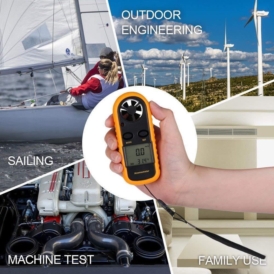 LCD Digital Anemometer Wind Speed Scale Gauge Meter Thermometer Tester ...