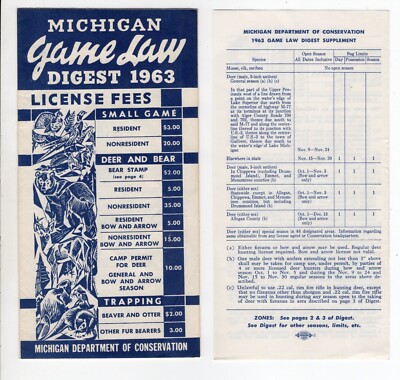 1963 MICHIGAN DNR HUNTING & FISHING GAME LAWS DIGEST GUIDE -MICHIGAN ...