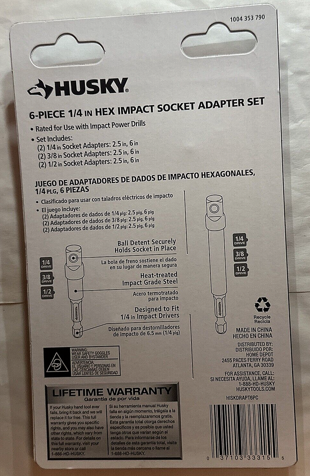 Husky (6) Piece 1/4 Hex impact Socket Adapter Set - 1/2, 3/8, 1/4 drive ...
