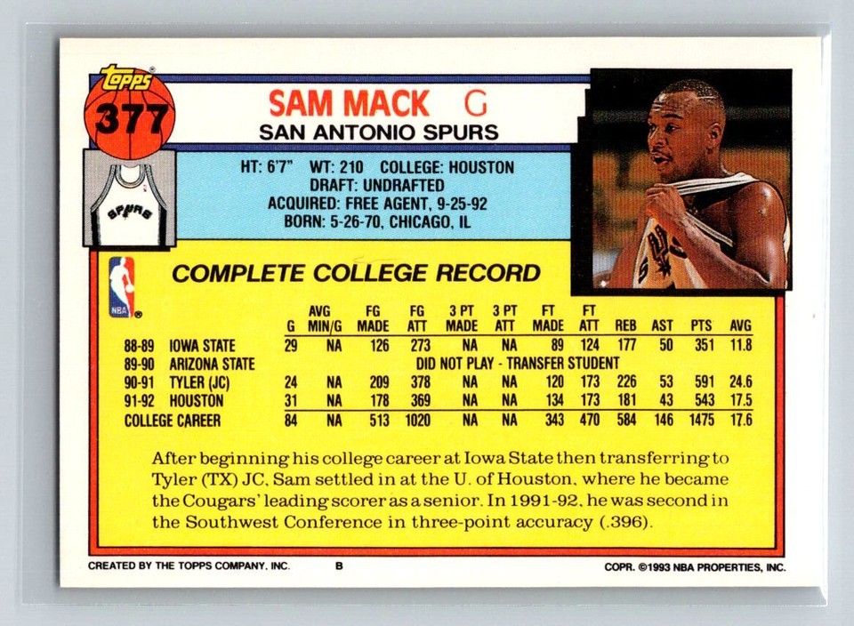 1992-93 Topps Rookie RC #377 Sam Mack San Antonio Spurs Basketball Card ...