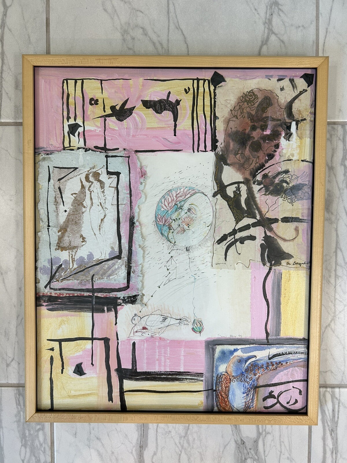 Vintage Abstract Painting Mixed Media Collage Art Framed By Listed ...