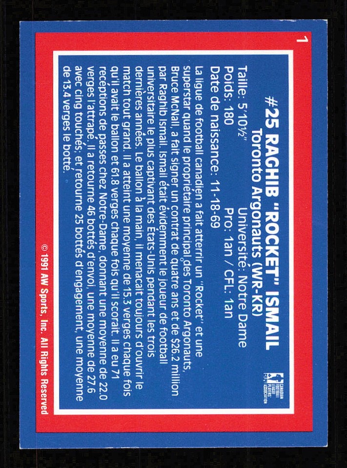 Rocket Ismail 1991 All World CFL #1 Toronto Argonauts | eBay