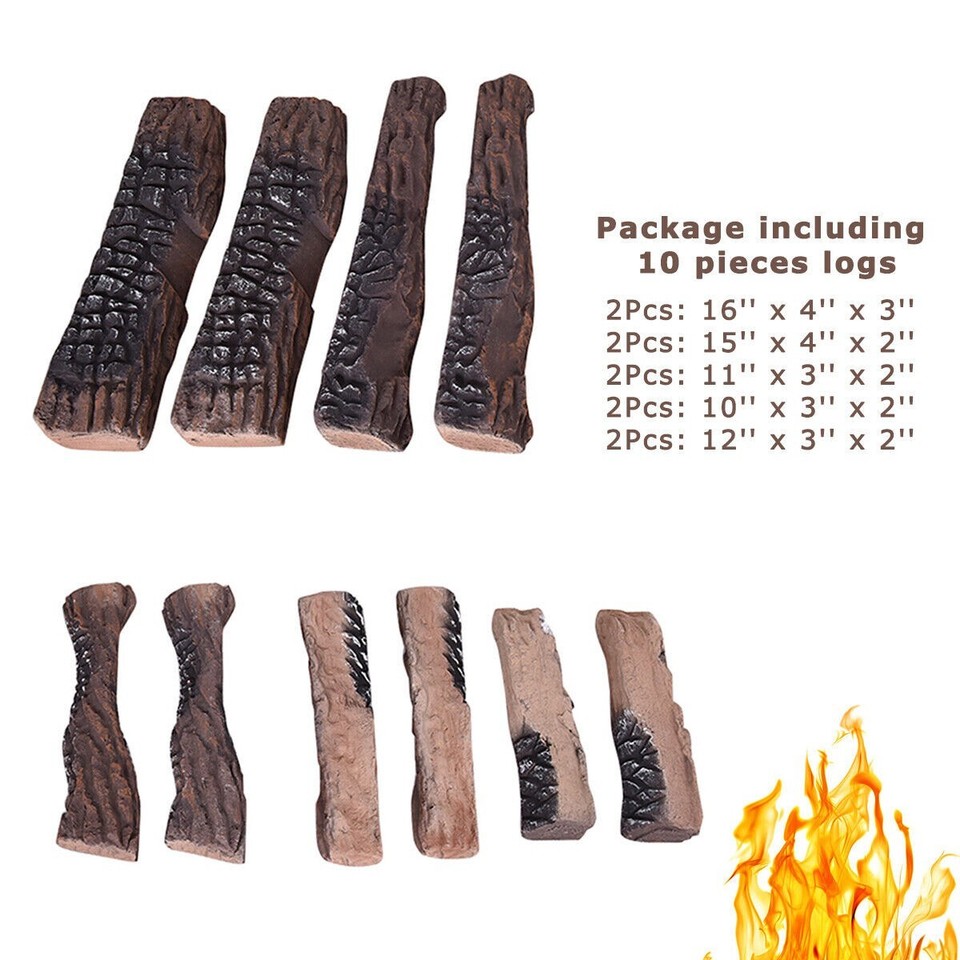 10 Piece Ceramic Wood Gas Fireplace Log Set Imitation Wood Propane ...