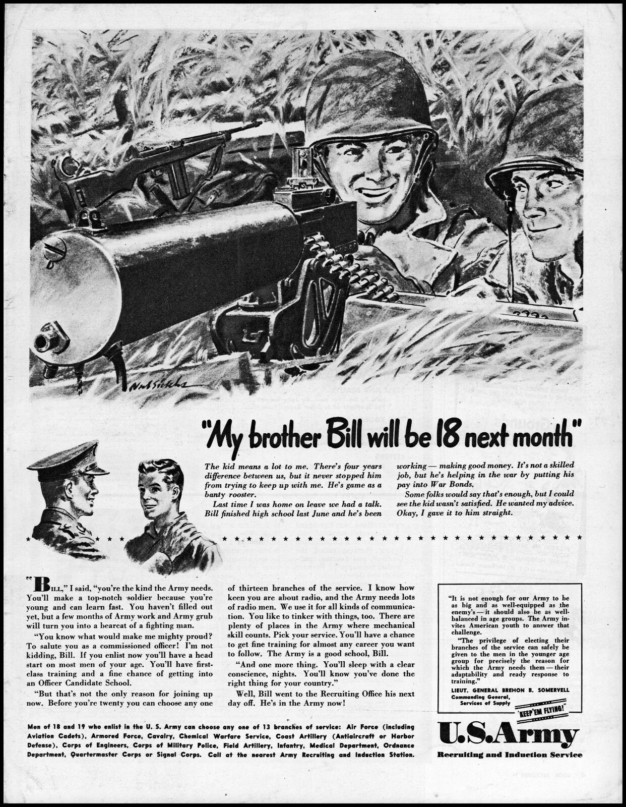 1942 WW2 US Army machine gunner recruiting sign up @ 18 vintage art ...