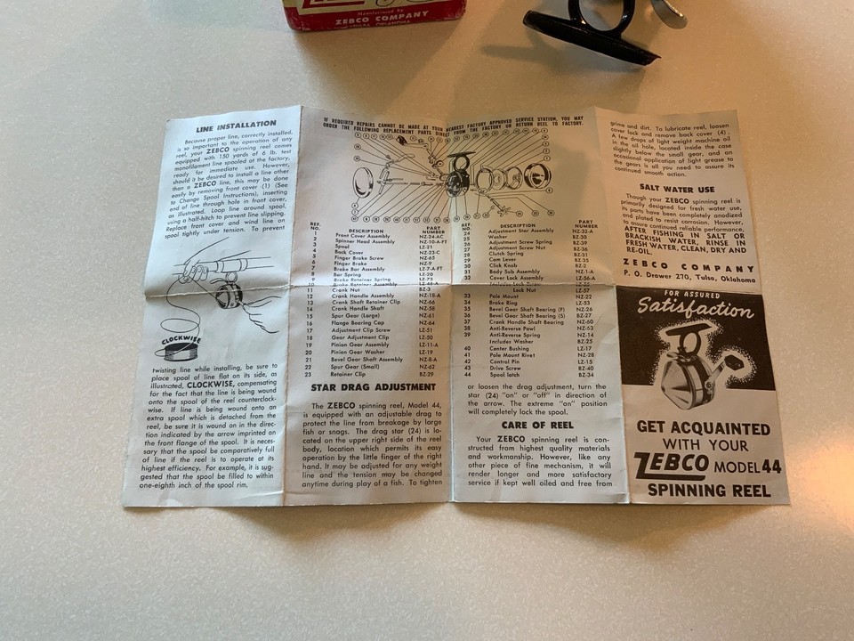 Early Tulsa Oklahoma Vtg Zebco Model 44 Spinning Reel Box & Manual | eBay