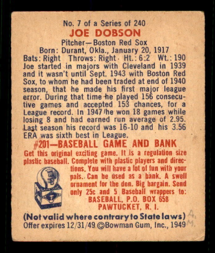 1949 Bowman Baseball #7 Joe Dobson VG/EX | eBay