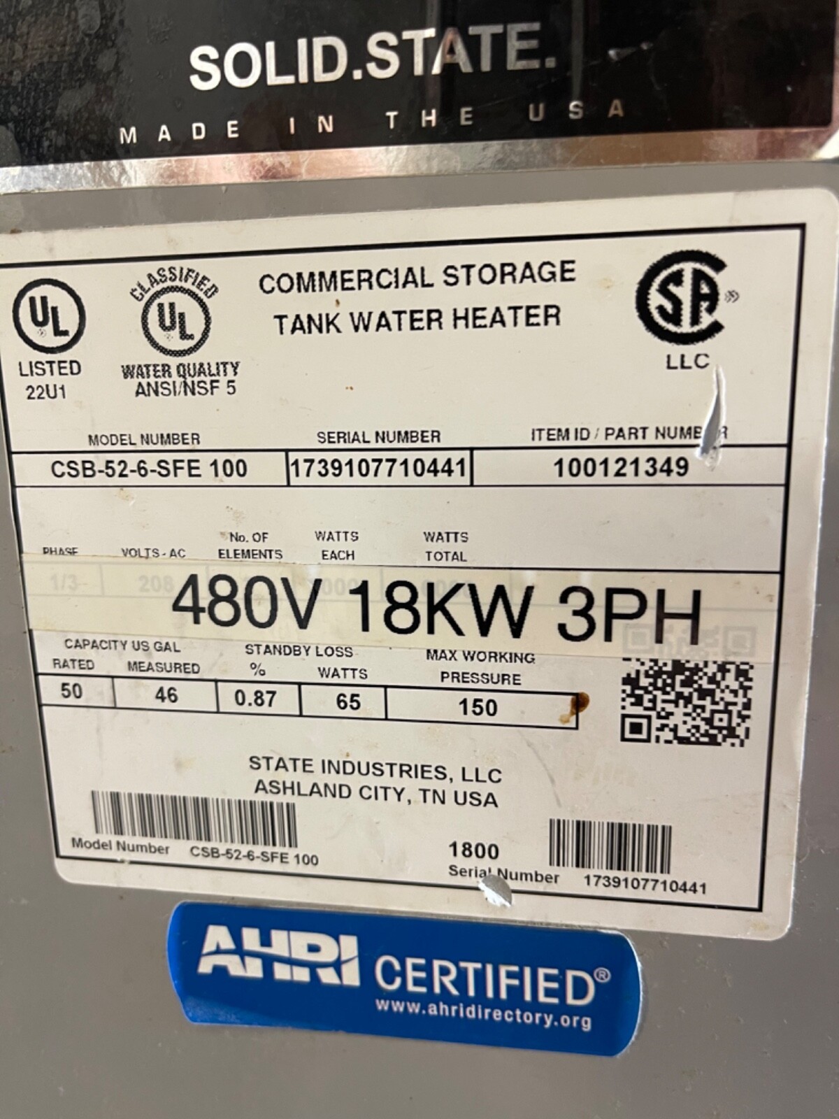 State SandBlaster Electric Water Heater 50 Gallons 480V 18KW 3 Phase | eBay