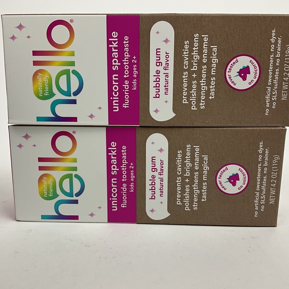 2 Hello Kids Unicorn Sparkle Toothpaste Bubble Gum Flavor 4.2 oz EXP 08 ...