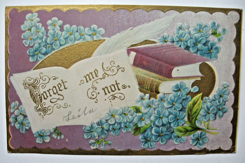 1912 "Forget Me Not" Postcard with Books, Flowers & Feather | eBay