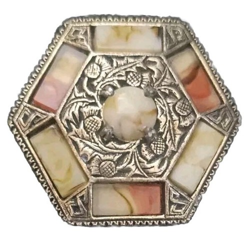 Vintage Miracle Glass Scottish Agate Gold Tone Octagon Pin brooch 2” | eBay