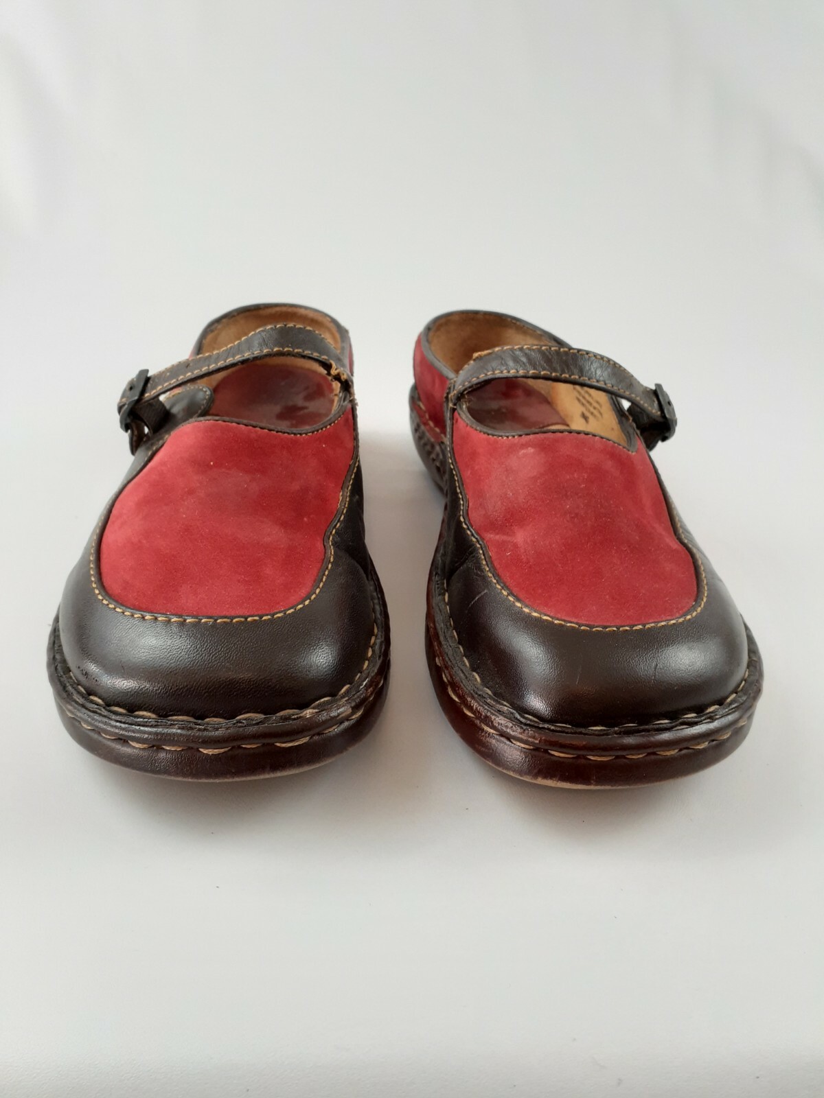 Born Brown Leather Red Suede Slip On Flat Buckle Oxford Shoes Women ...