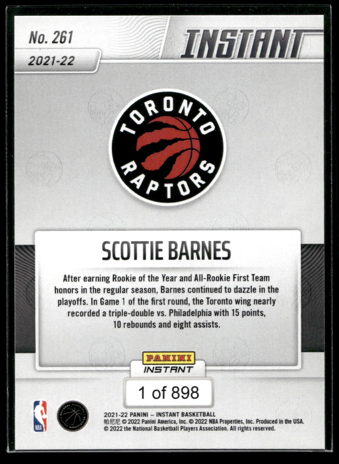 2021-22 Panini Instant Scottie Barnes ALL-ROOKIE TEAM 1/898 SP Raptors ...