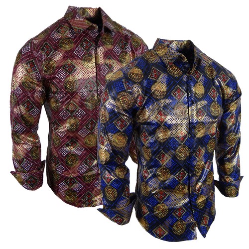 Mens Shirt Designer Italian Gold Leaf Stripe Overlay Stretch Slim Fit ...