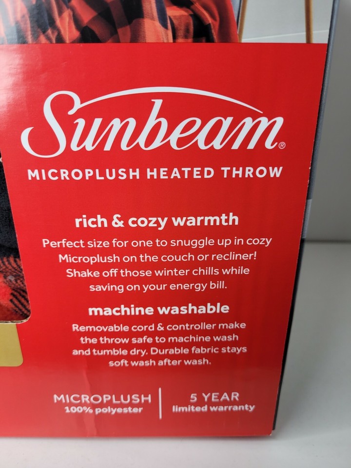 Sunbeam Heated Throw 50in X 60in Red Black Plaid 3 Heat Settings ...