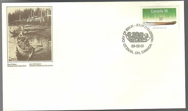 Canada Post Official FDC 1989 38¢ Native Boat: Micmac Canoe OFDC, Sc ...