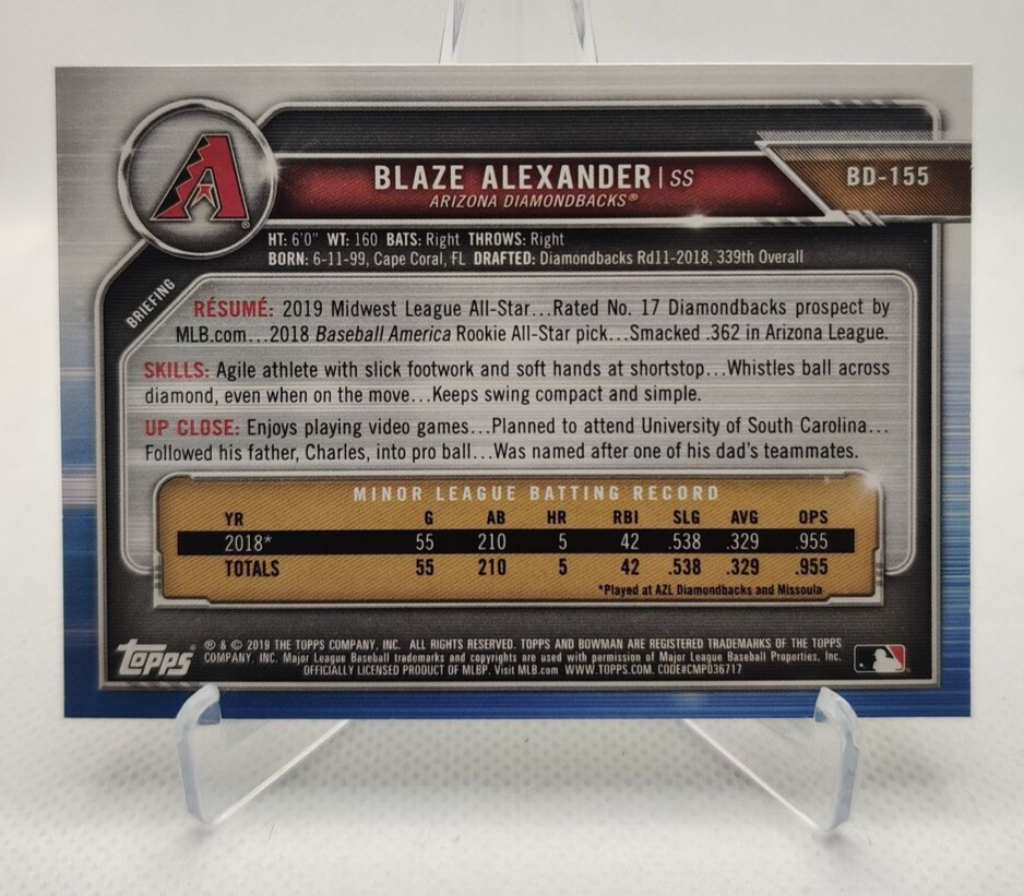 2019 Bowman Draft Base #BD-155 Blaze Alexander - Arizona Diamondbacks ...