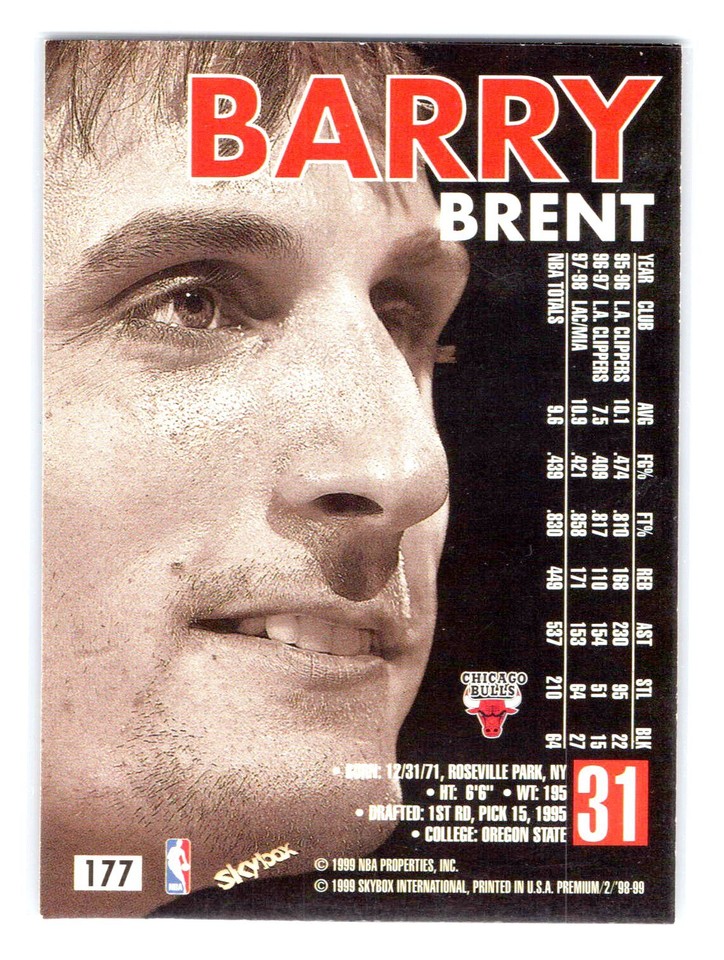 1999 Skybox Premium #177 Brent Barry Chicago Bulls | eBay