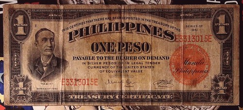 Philippines 1941 1 Peso RED SEAL Circulated Banknote WWII ADD ...
