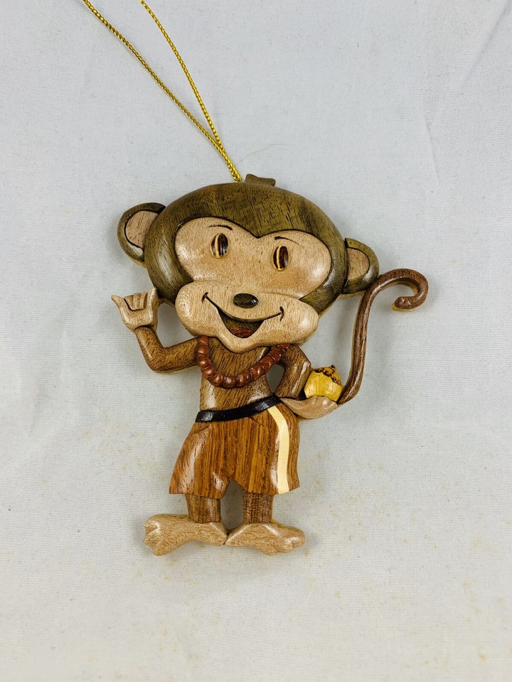 Hawaiian Hula Monkey Hang Loose Shaka Wood Art Christmas Tree Ornament ...
