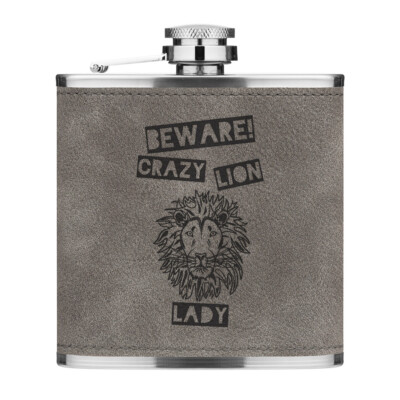 Beware Crazy Lion Lady 6oz PU Leather Hip Flask Grey Funny Animal | eBay UK