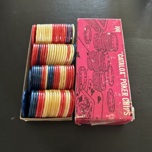 99 VINTAGE CATALOX MARBLEIZED POKER CHIPS RED WHITE BLUE No. 100 Field ...