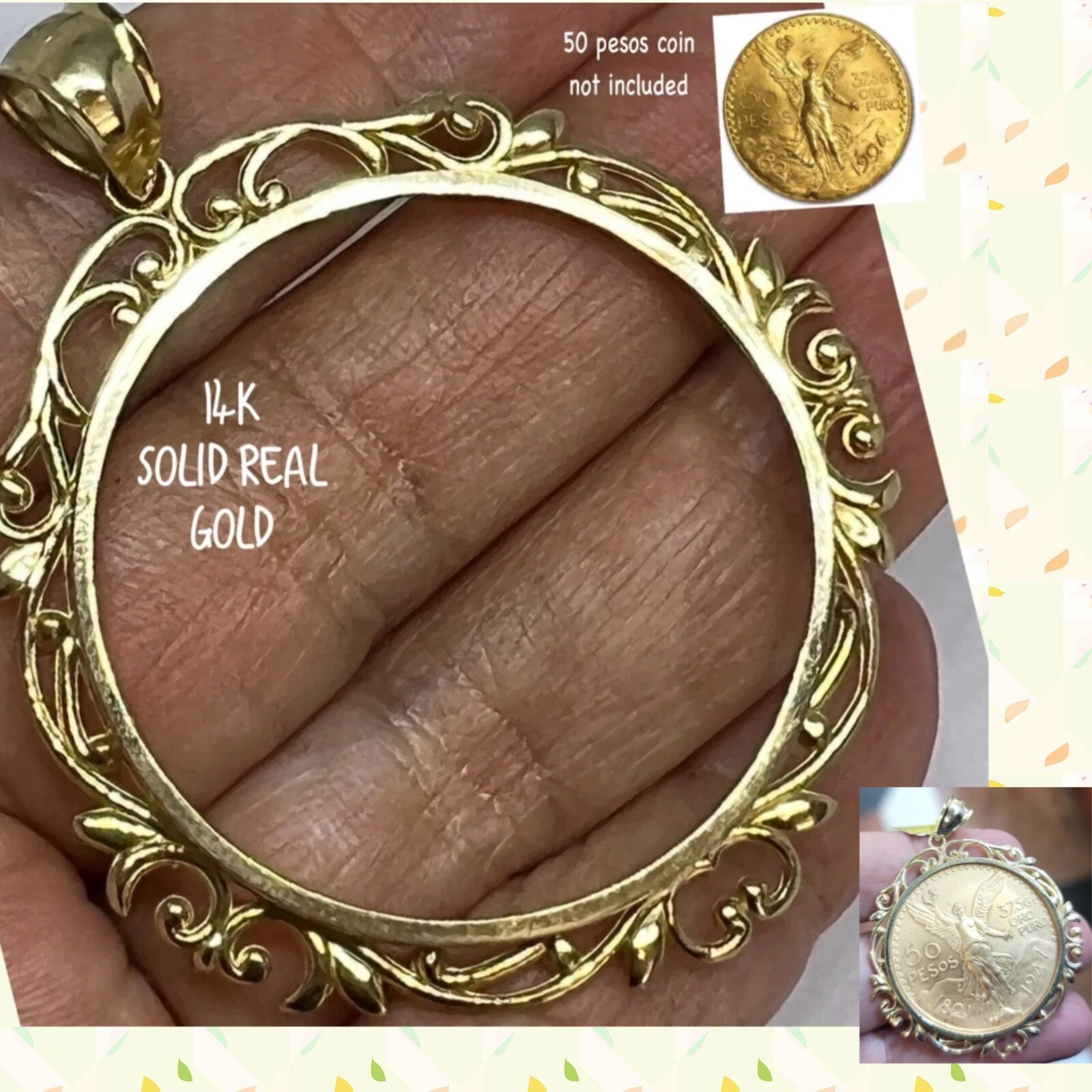 GoLd Bezel 50 pesos pendant 14k SOLID centenario coin frame oro Bisel ...