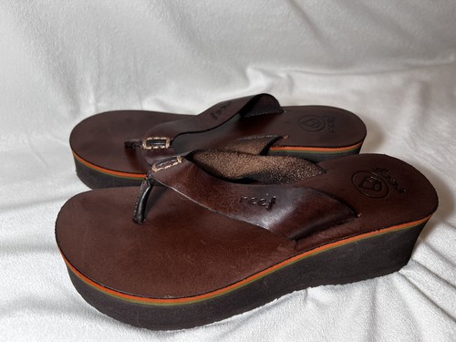 Reef Platform Sandals Thong Flip Flop Dark Brown Leather Orange Accent ...