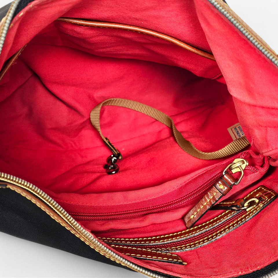Dooney Bourke Nylon Erica Hobo Black Brown Leather Red Lined Shoulder ...