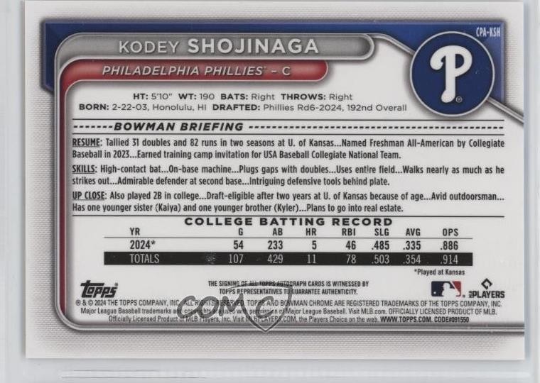 2024 Bowman Draft Chrome Prospect Auto Kodey Shojinaga #CPA-KSH Auto ...