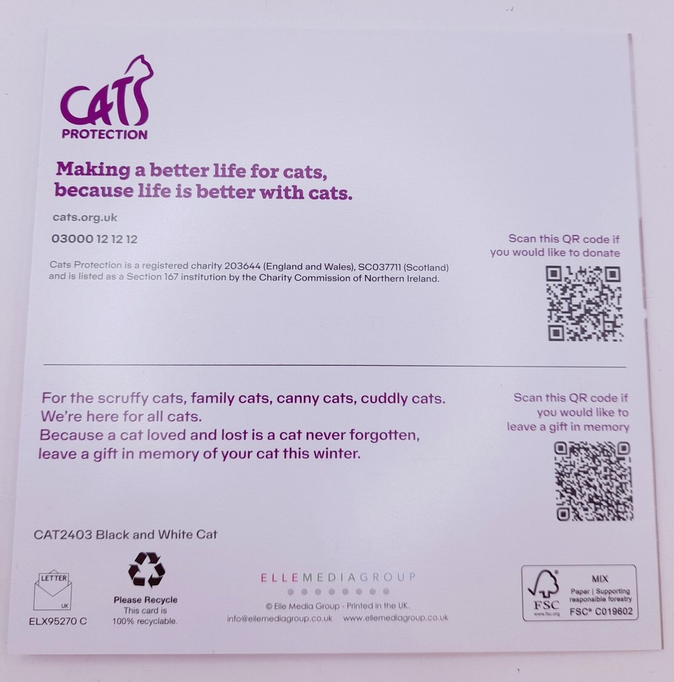 Cats Protection Christmas Cards Black & White Cat 2024 pack of 10 with ...