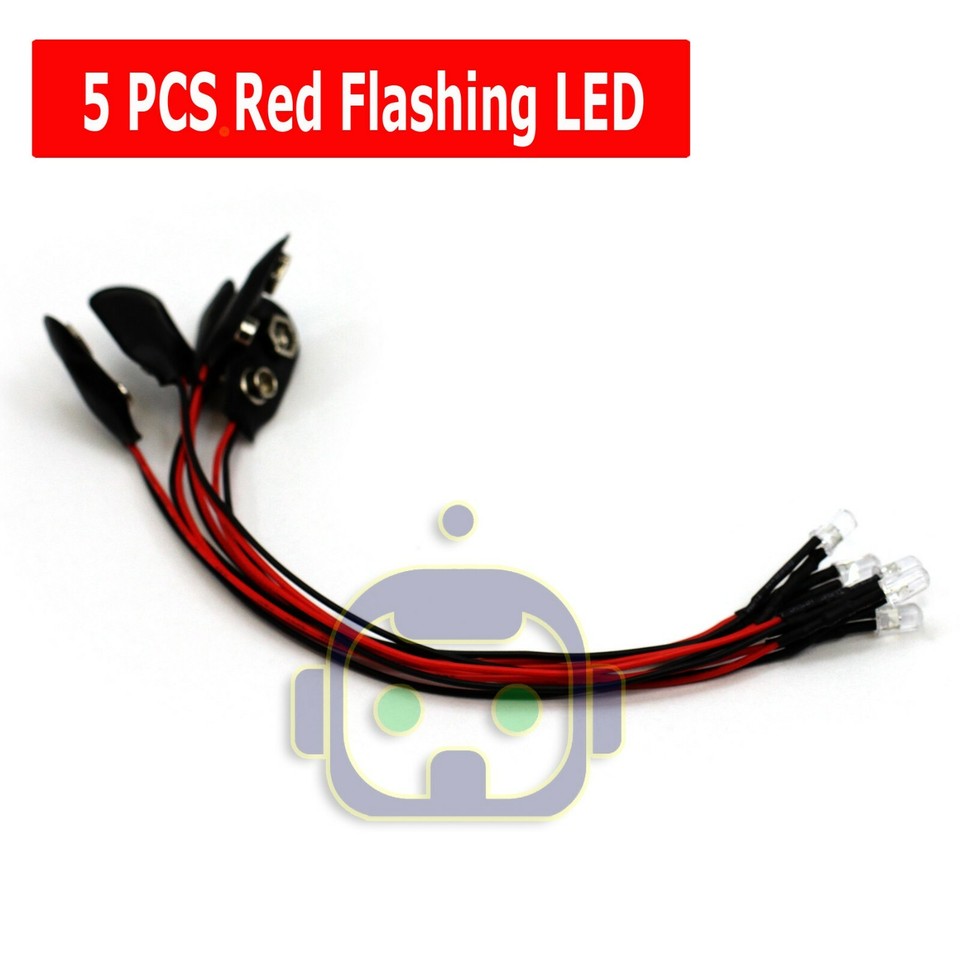1~5 Pre Wired 5mm LED 9 Volt Red Flashing On Snap 9V Battery Clip Blink ...