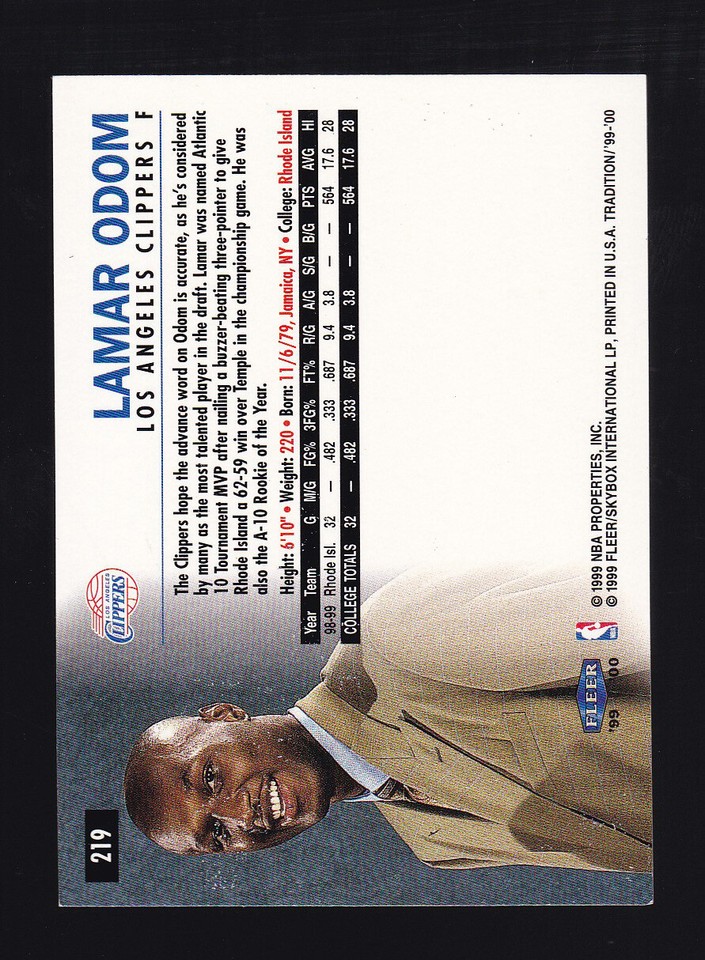 1999-2000 Fleer Tradition Lamar Odom Rookie #219 Los Angeles Clippers ...